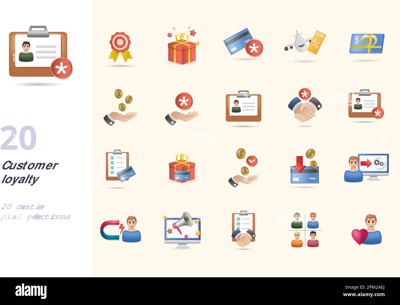 Customer loyalty set. Creative icons: reward, gift, credit card bonus, airline miles, gift ...