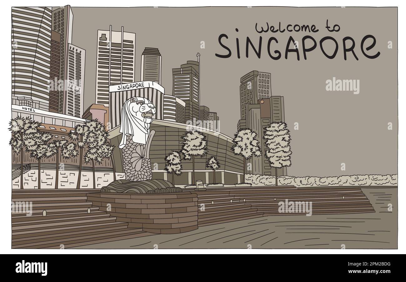 Singapore city skyline at Marina Bay, Merlion one of landmark Singapore ...