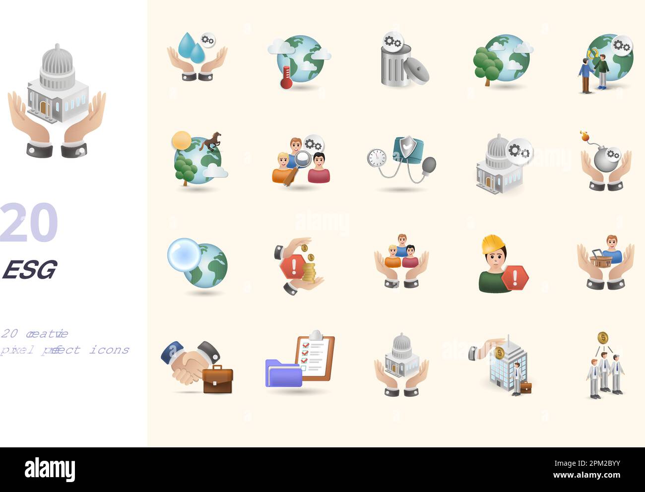 Esg set. Creative icons: water efficiency, climate stability, waste ...