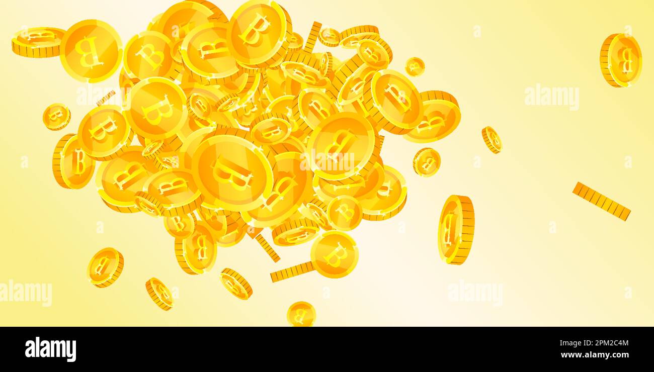 Thai baht coins falling. Gold scattered THB coins. Thailand money ...