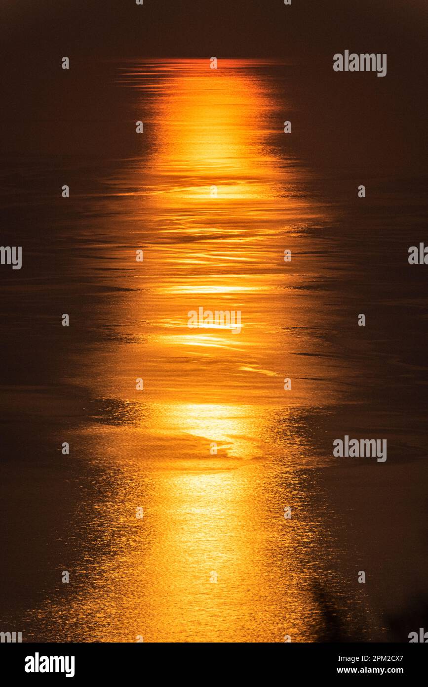 Moonlight from the rising full moon leaves a golden trail on a calm sea ...