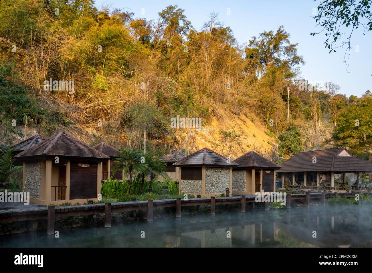 Bath huts line hot spring pool. Fang Hot Spring. Doi Pha Hom Pok ...
