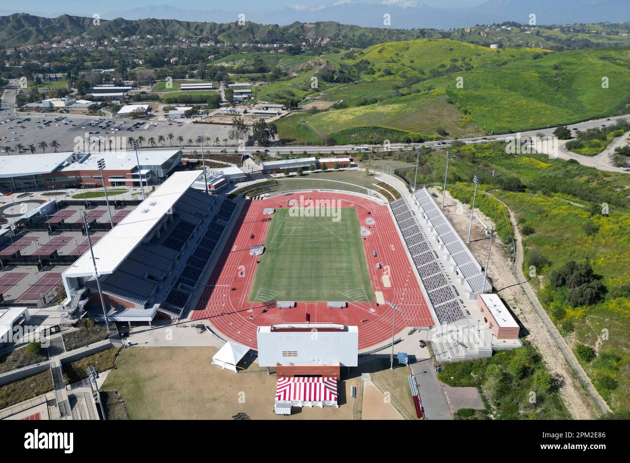 A general overall aerial view of Hilmer Lodge Stadium on the campus of ...