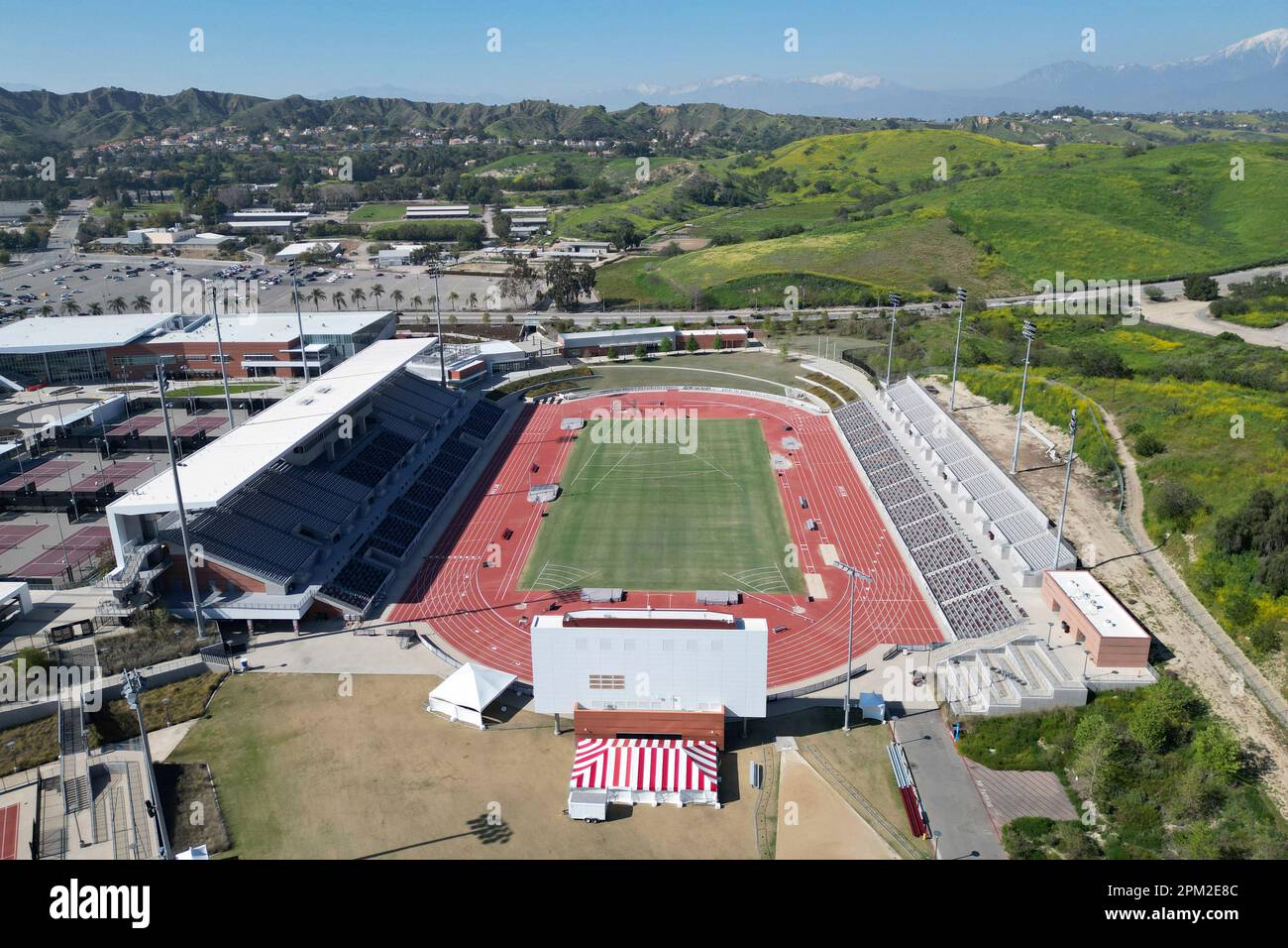 A general overall aerial view of Hilmer Lodge Stadium on the campus of ...