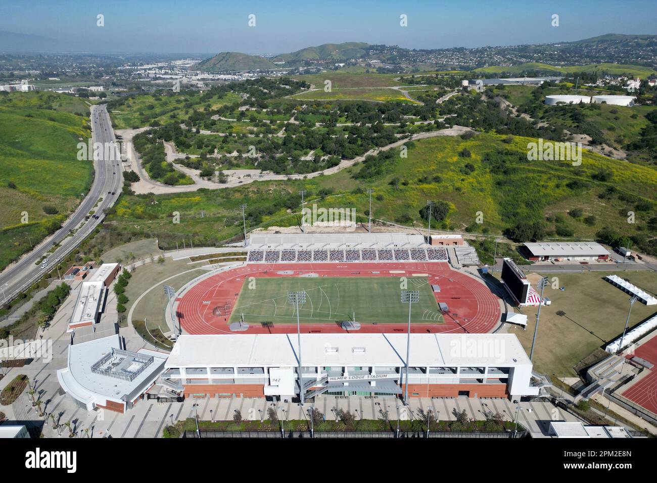 A general overall aerial view of Hilmer Lodge Stadium on the campus of ...