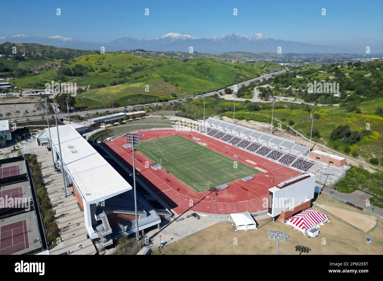 A general overall aerial view of Hilmer Lodge Stadium on the campus of ...