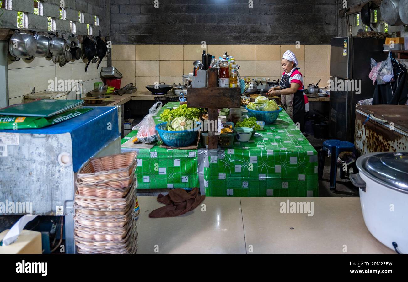 A woman cooking in the kitchen of a local restaurant. Kam Lon, Thailand Stock Photo - Alamy