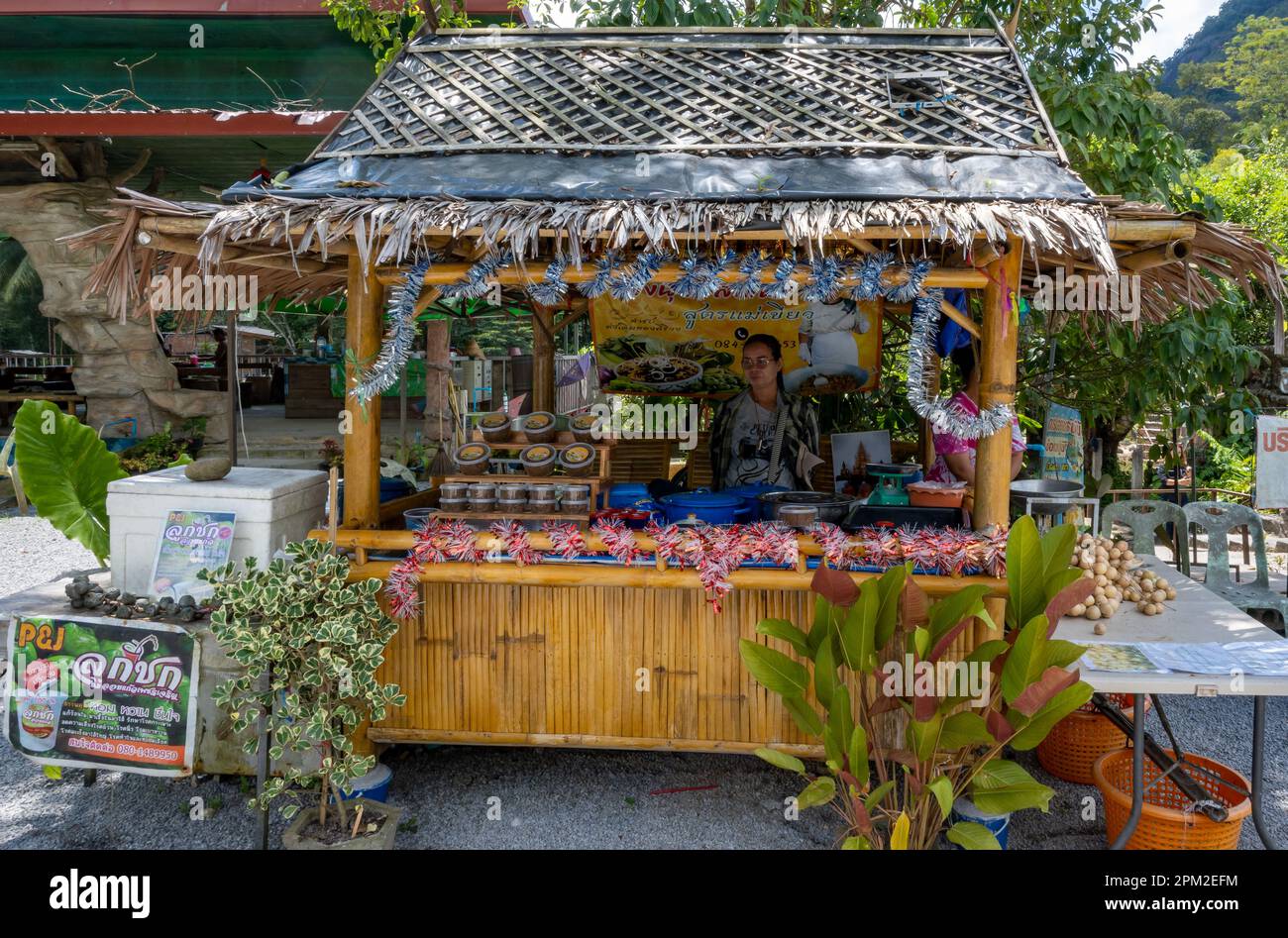 A woman selling fruits and other snacks at a bamboo stall. Kam Lon ...