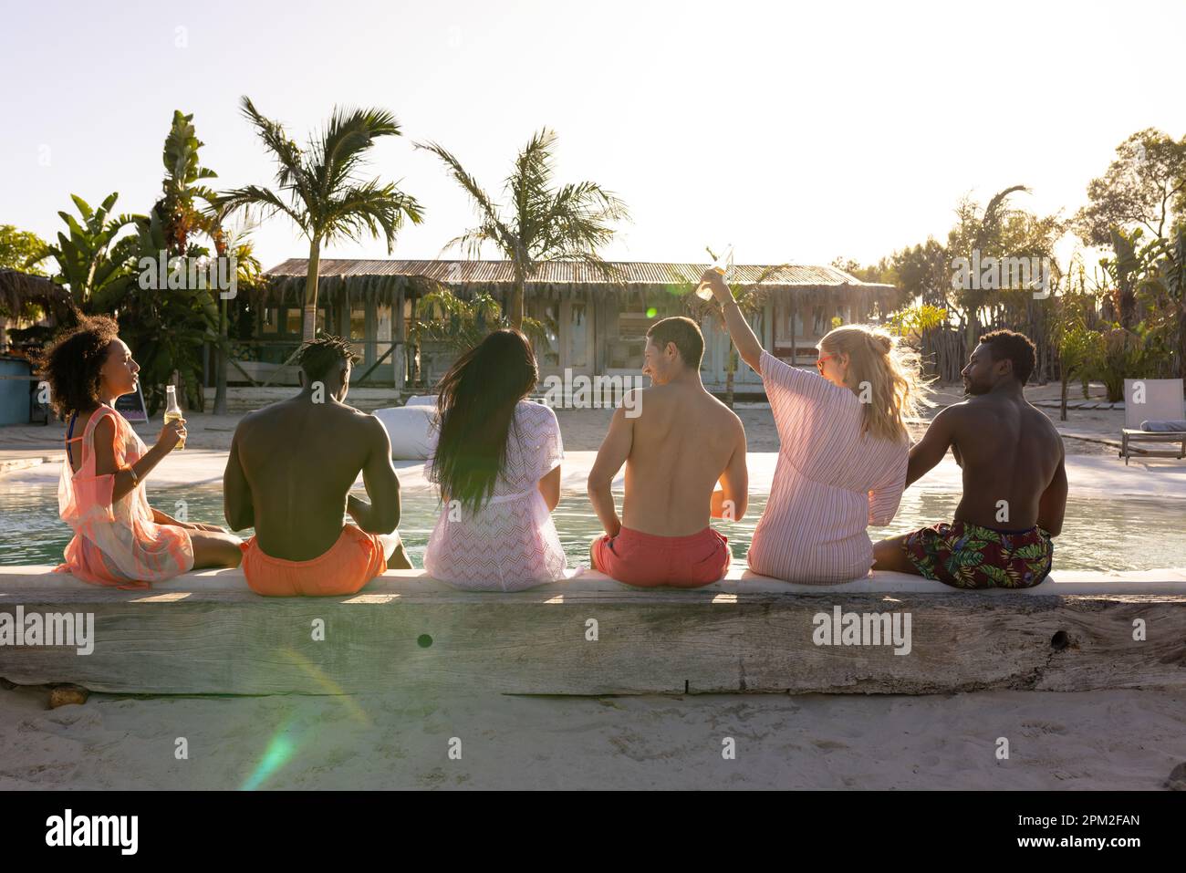 Happy diverse friends having party by swimming pool, drinking beer ...