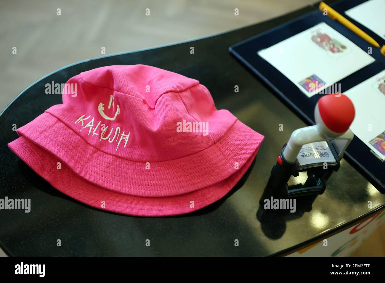 KALUSH, UKRAINE - APRIL 10, 2023 - Pink bucket hats, a signature piece ...