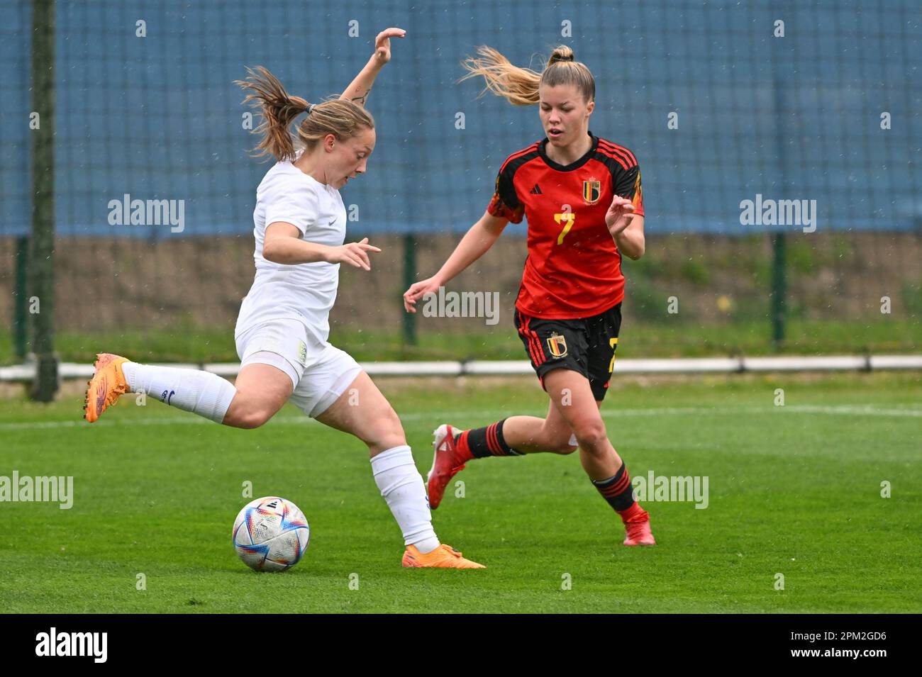 Angela Addison (7) of England and Lyndsey Van Belle (7) of Belgium ...