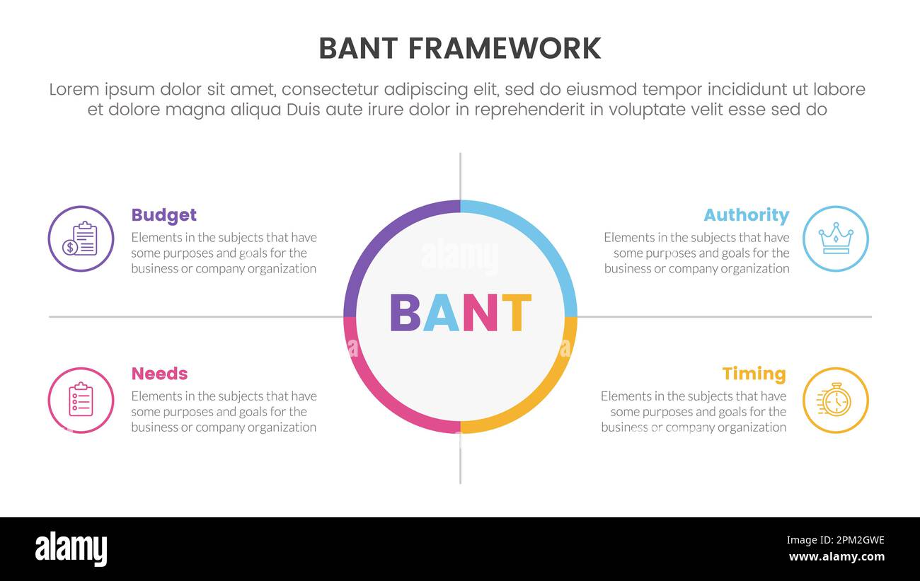 bant sales framework methodology infographic with big circle center and symmetric point concept ...