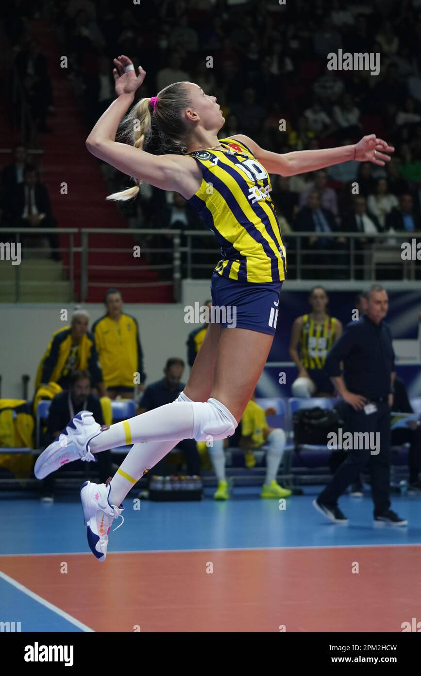 ISTANBUL, TURKIYE - OCTOBER 29, 2022: Arina Fedorovtseva serves during ...