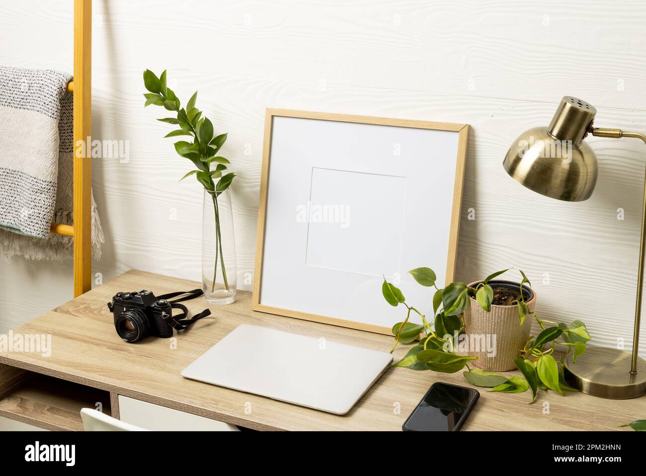 Empty frame with copy space, plants, technology devices on table ...