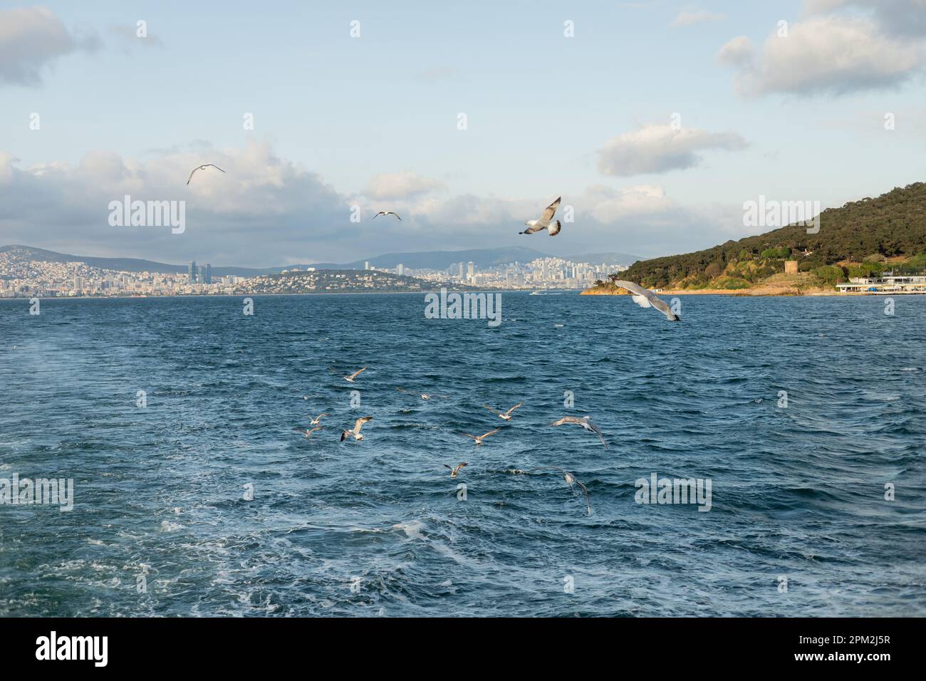 Sea and blurred coast of Princess islands at background in Turkey,stock ...