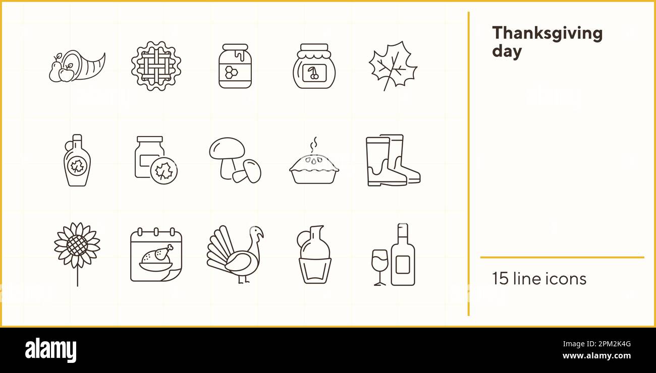 Thanksgiving day line icon set with wine, pie and turkey Stock Vector ...