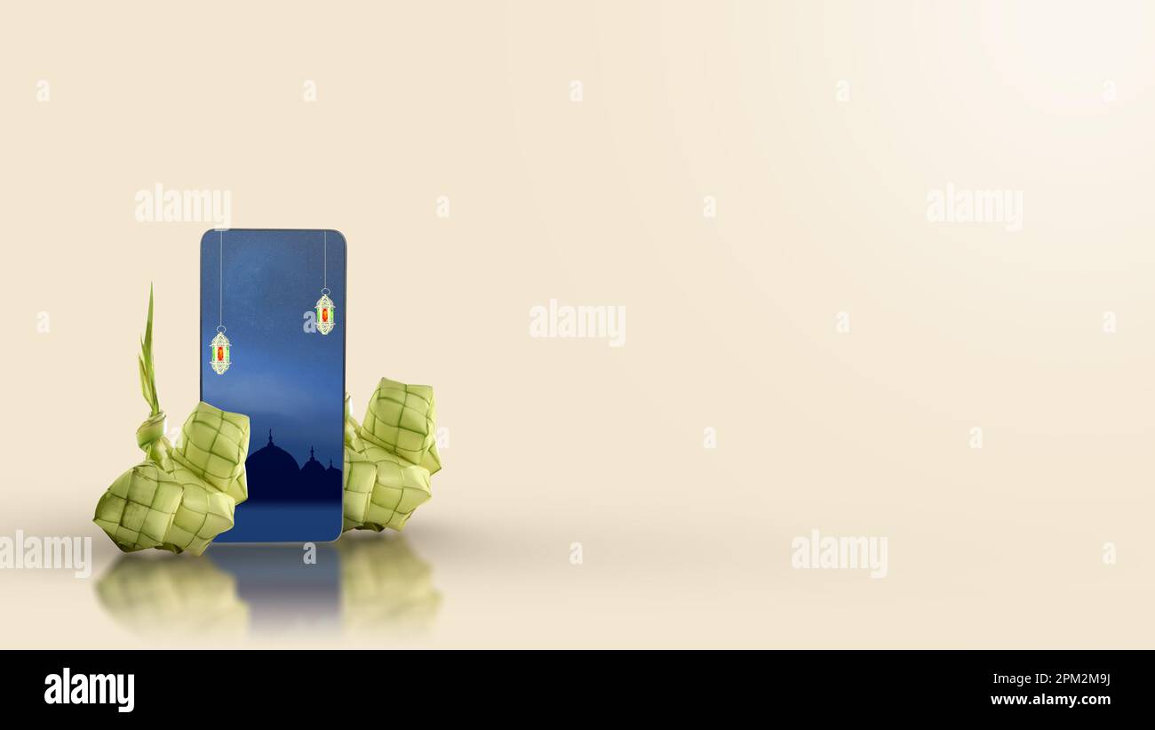 Ketupat (rice dumpling) and mobile phone with hanging Arabic lamp on ...