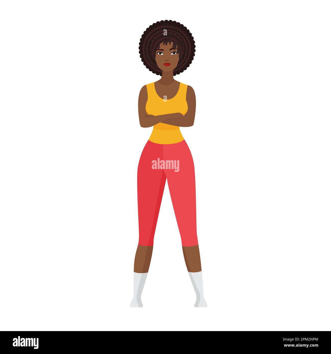 Confident female fitness trainer. Sport coach in standing pose with crossed hands vector cartoon ...