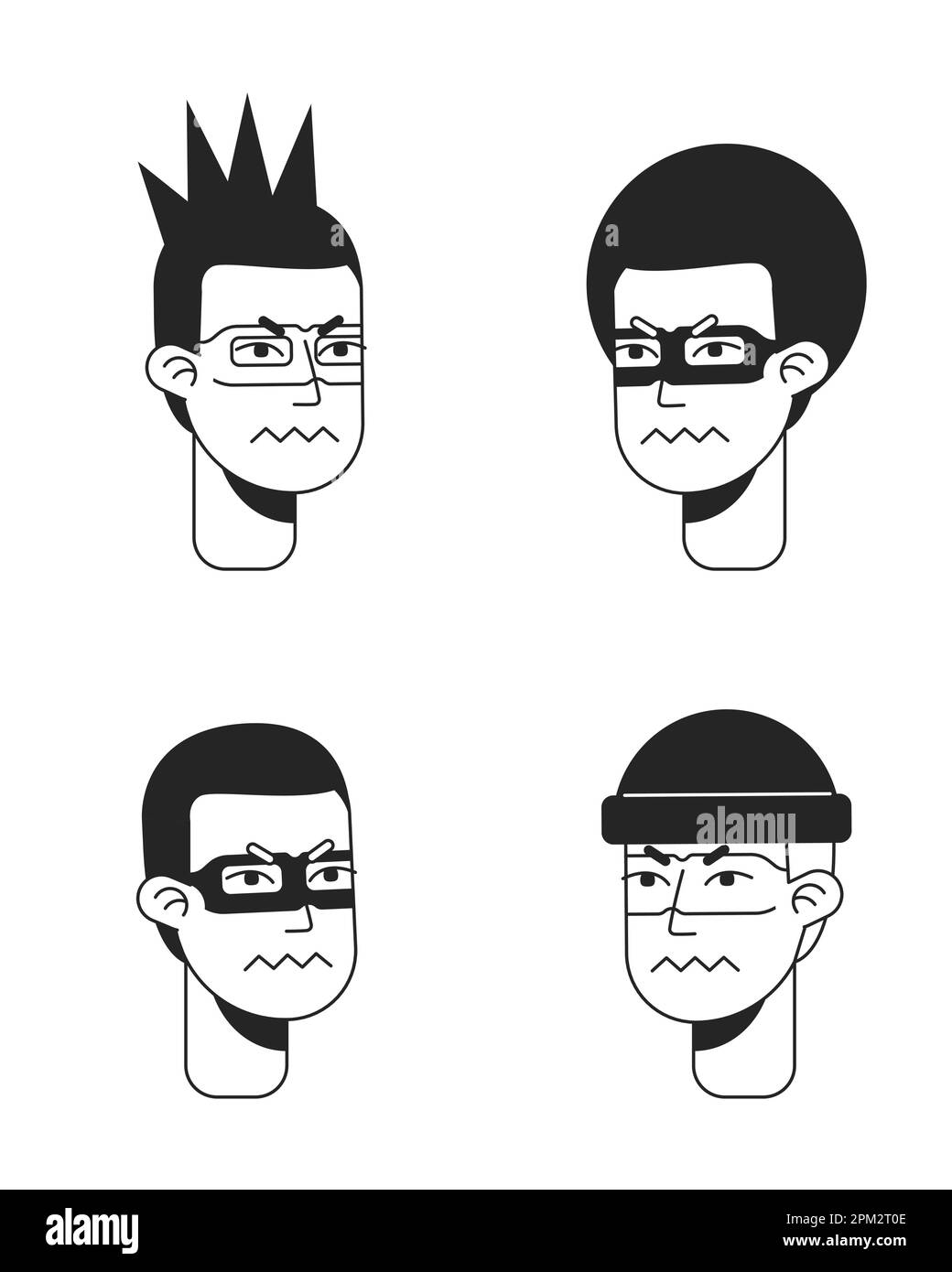 Men expressing disgust, anger monochromatic flat vector character faces ...