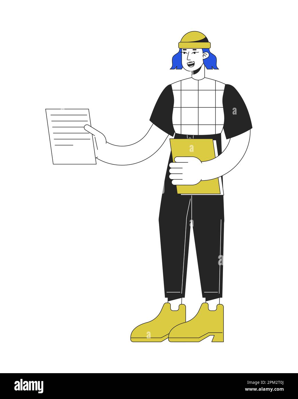 Stylish girl handing out papers linear flat color vector character ...