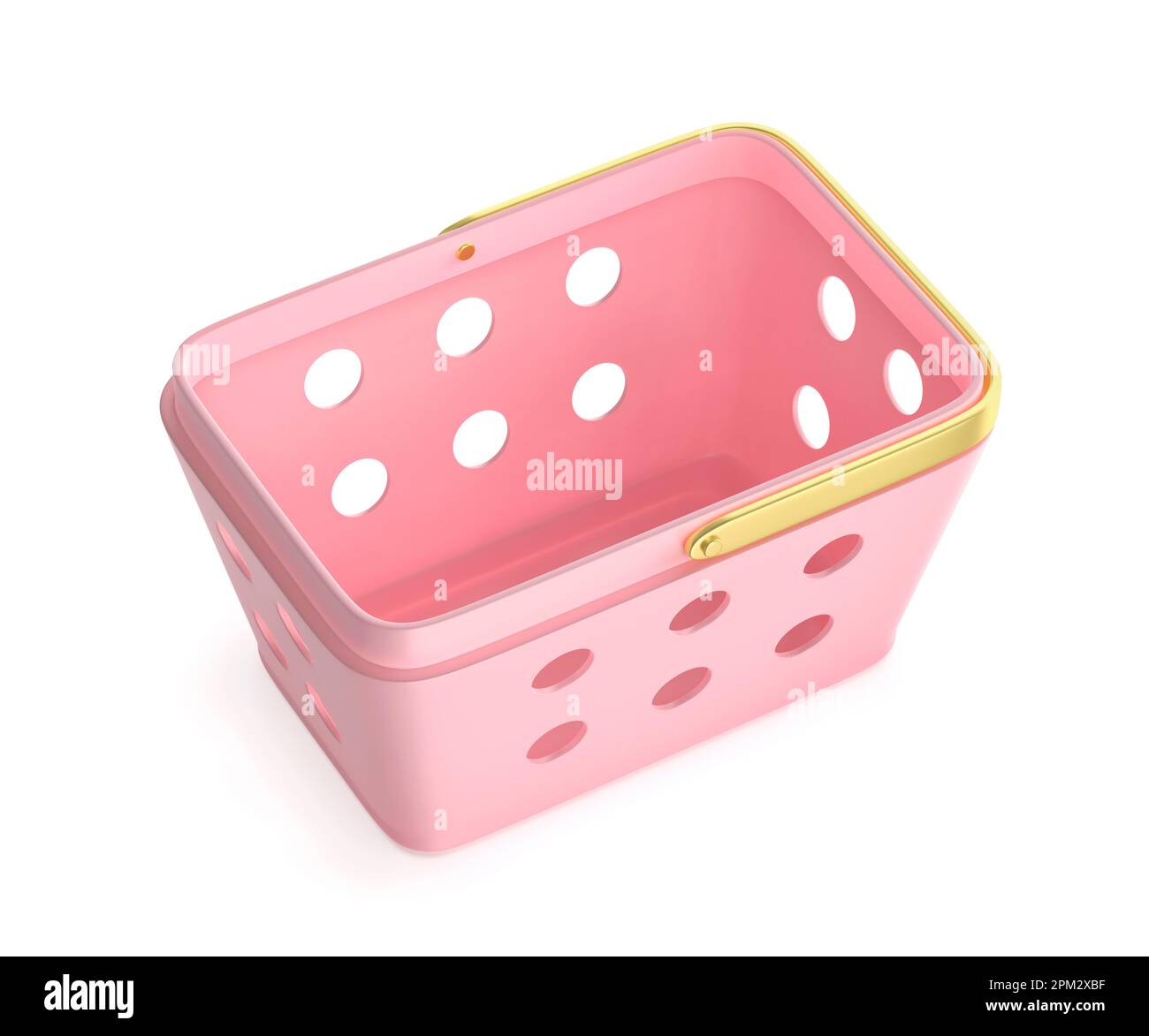 Empty pink shopping basket with golden handle on white background Stock ...