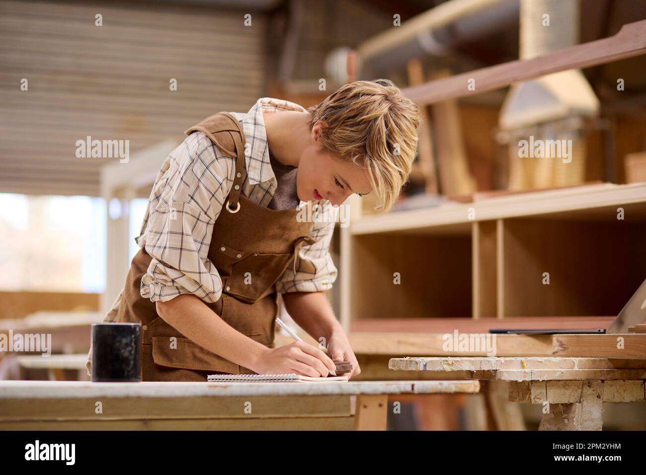 Female Apprentice Working As Carpenter In Furniture Workshop Stock ...