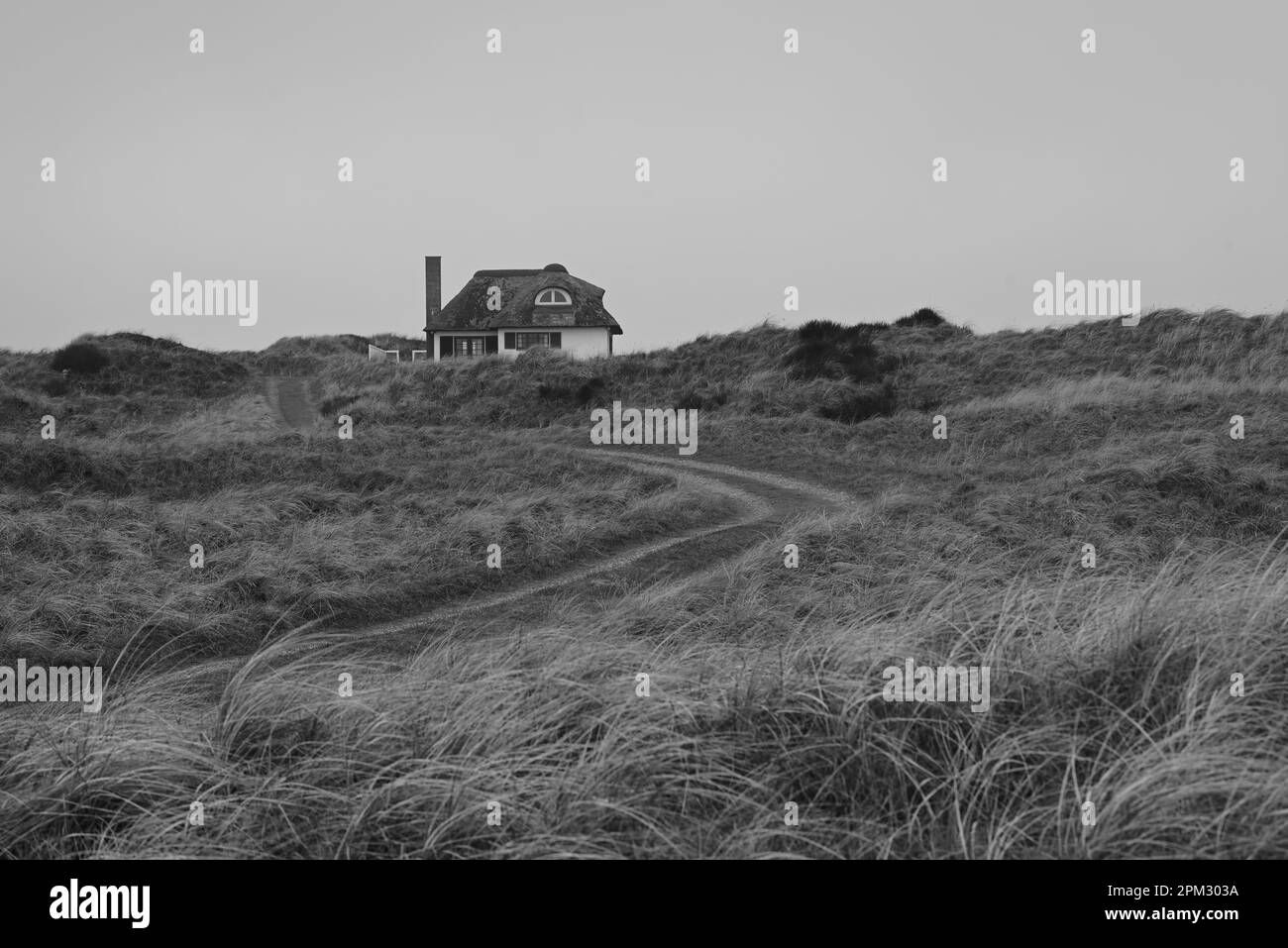A winding road in a field leading to a two story house situated on the ...