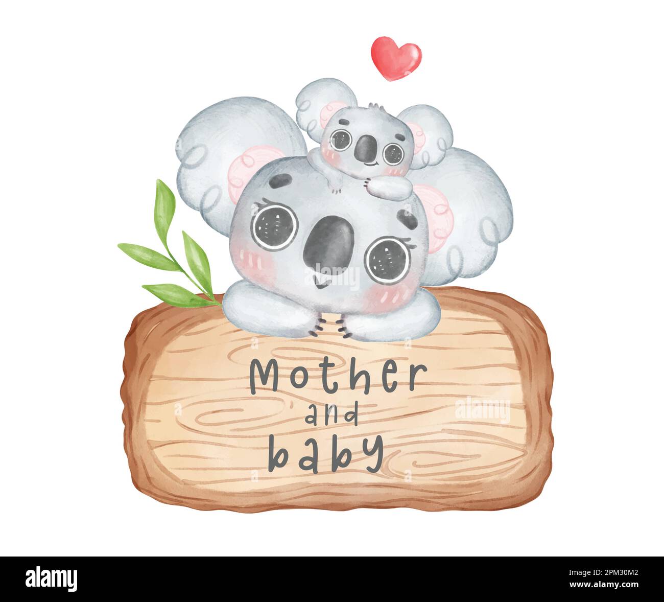 Adorable happy Koala baby and mother head hanging on wooden sign board ...