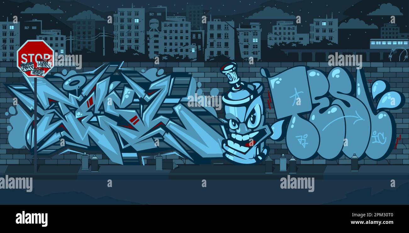 Dark Outdoor Urban Graffiti Wall With Drawings At Night Against The ...