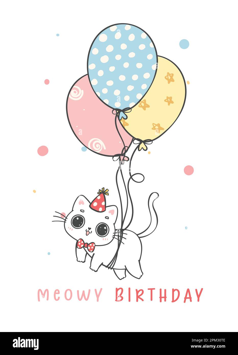 cute funny playful Birthday white chubby cat flying with balloon, Meowy ...