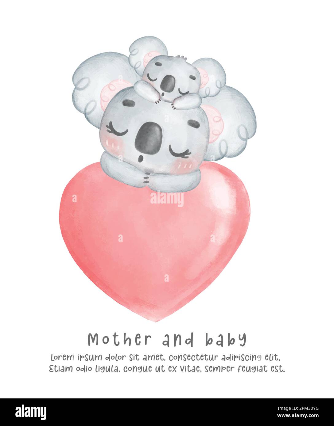 Adorable happy sleeping Koala baby and mother head hanging on red heart ...