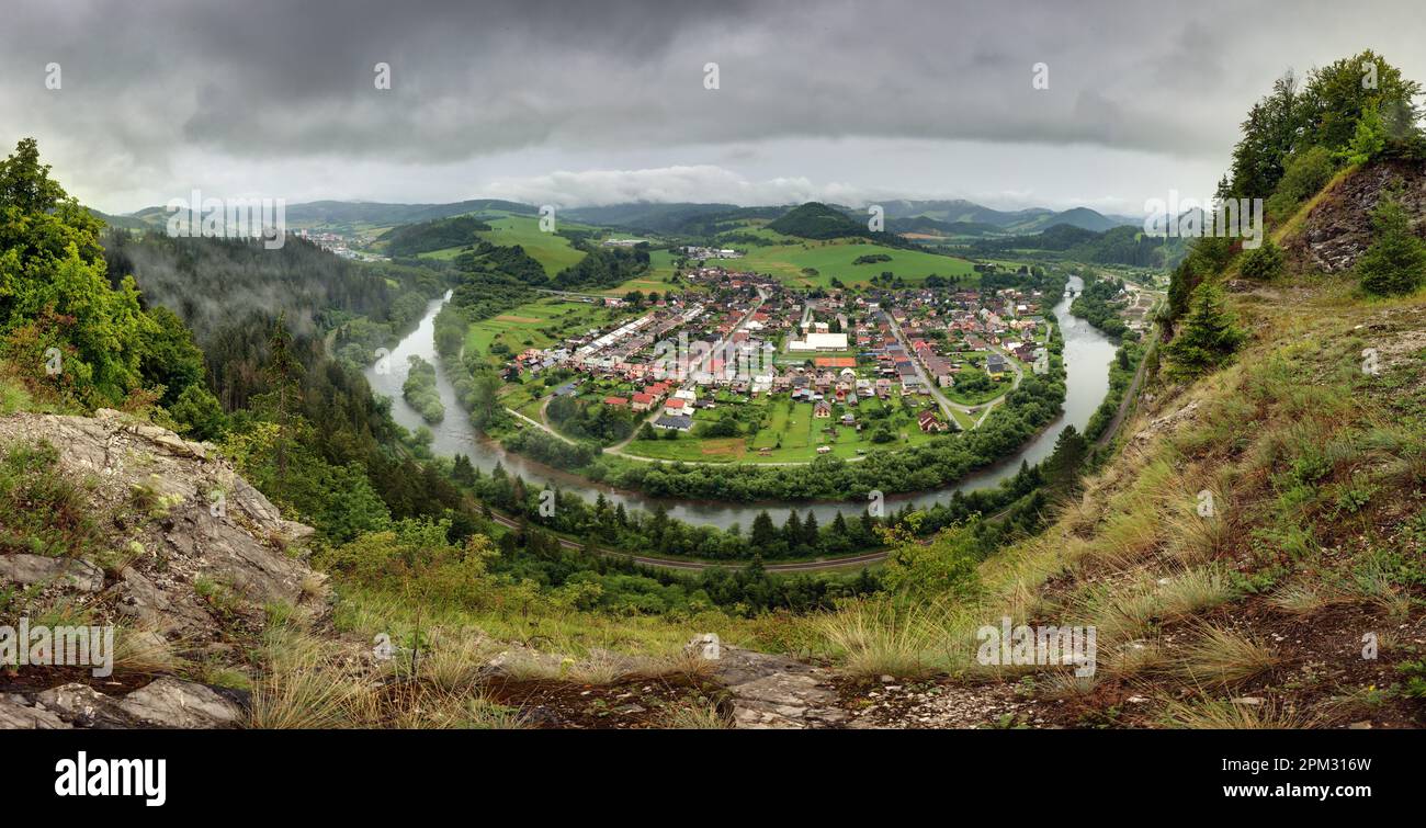 Panorama of village Podbiel with Orava river Stock Photo - Alamy