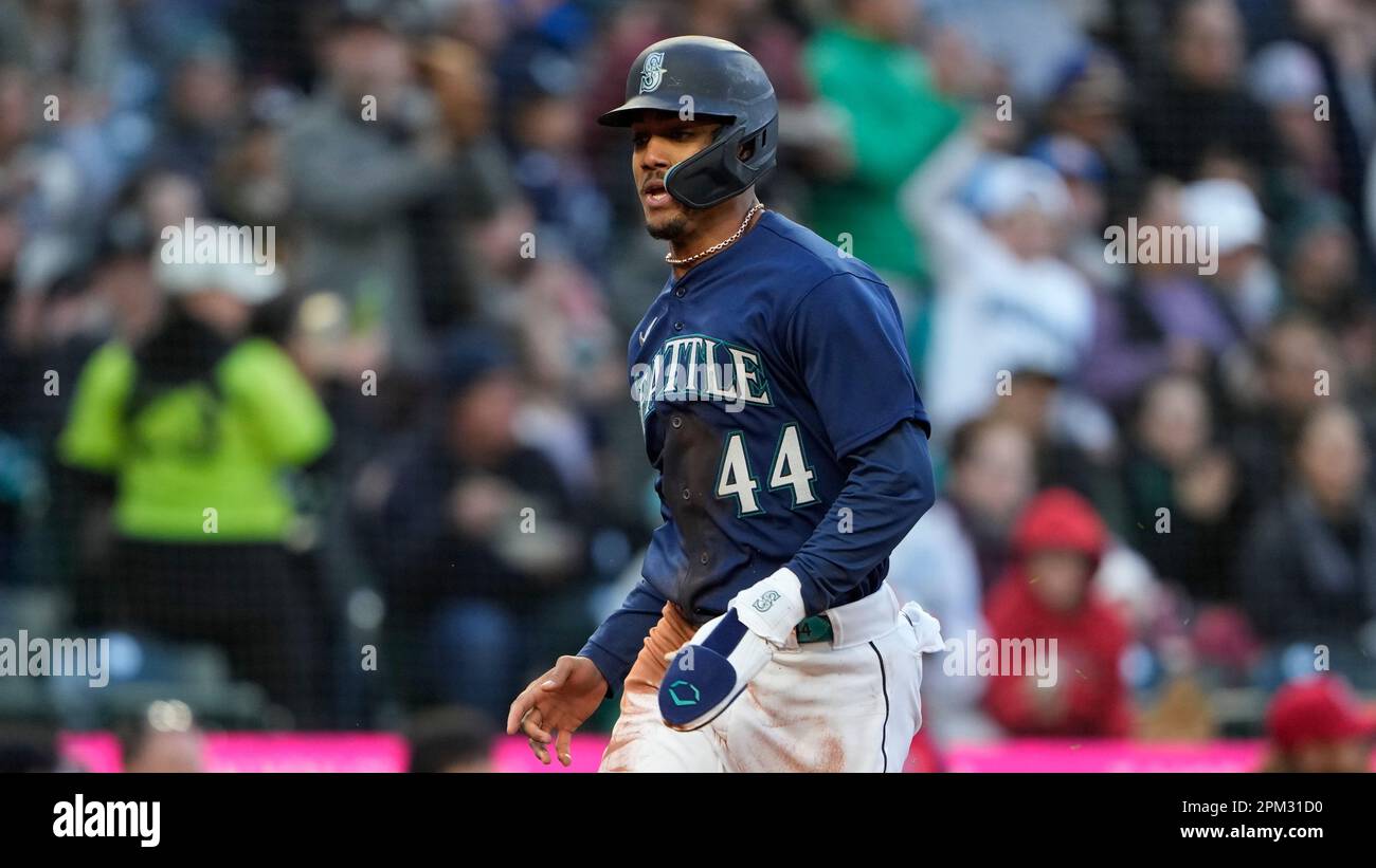Seattle Mariners' Julio Rodriguez runs home to score against the Los ...