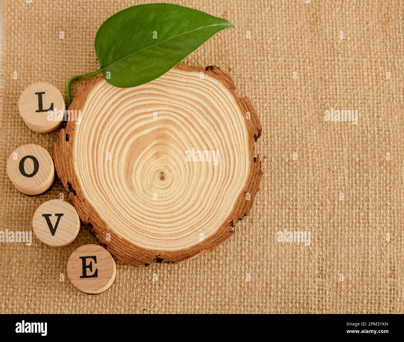 light brown jute background where there is a piece of cut wood where ...