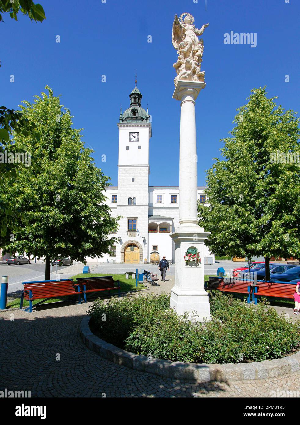 The Marian Column on Masaryk Square in front of the town hall in Kyjov ...