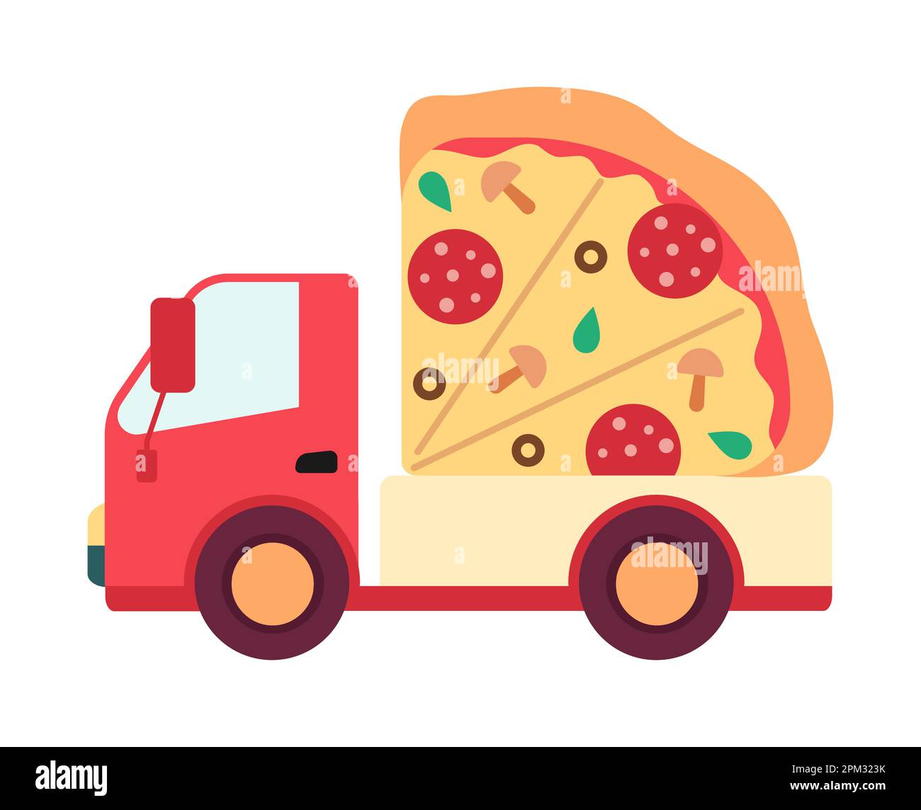 Delivery vehicle with pizza flat concept vector spot illustration Stock ...