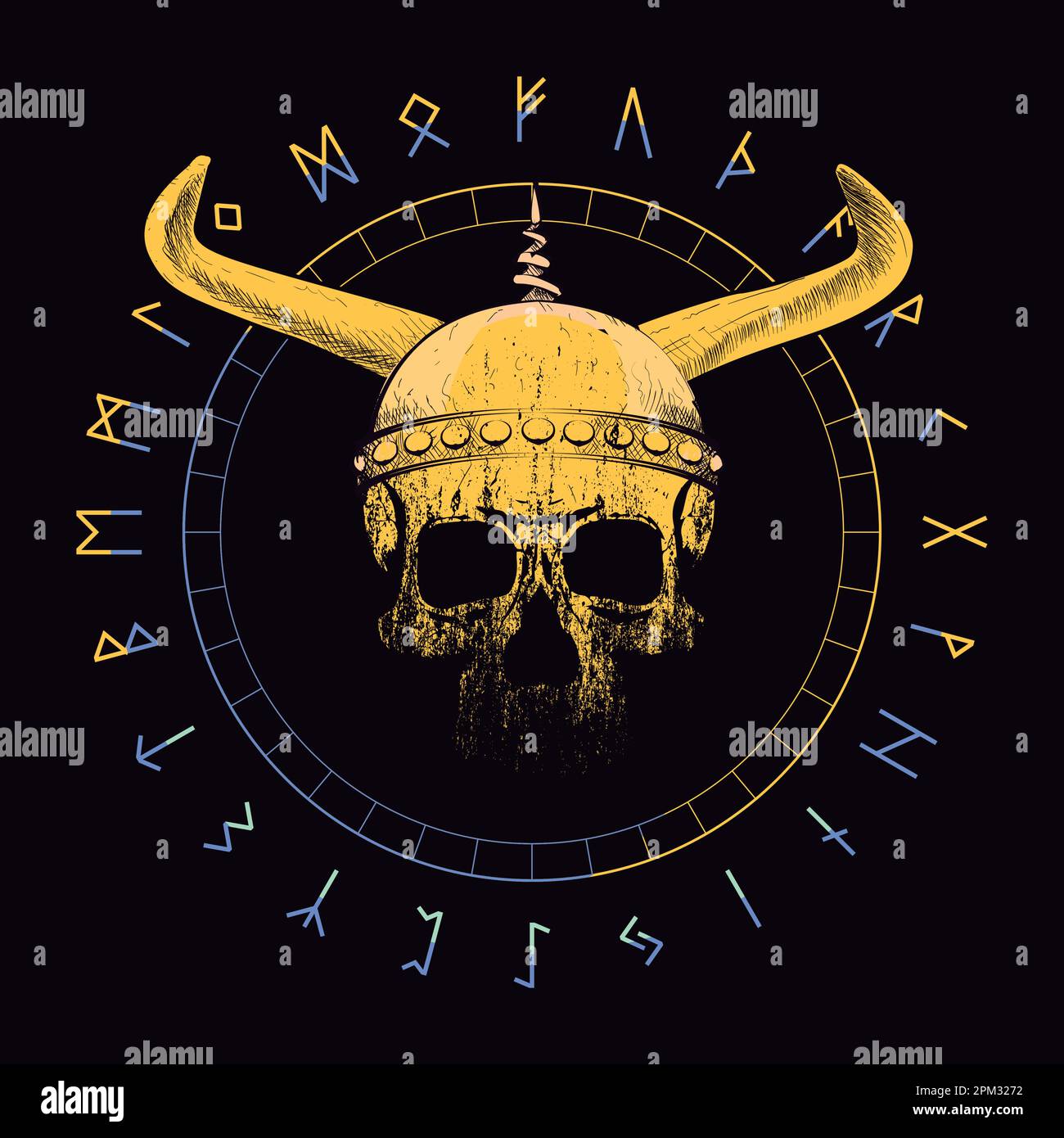 T-shirt vector design of a viking skull with horns over an inverted ...