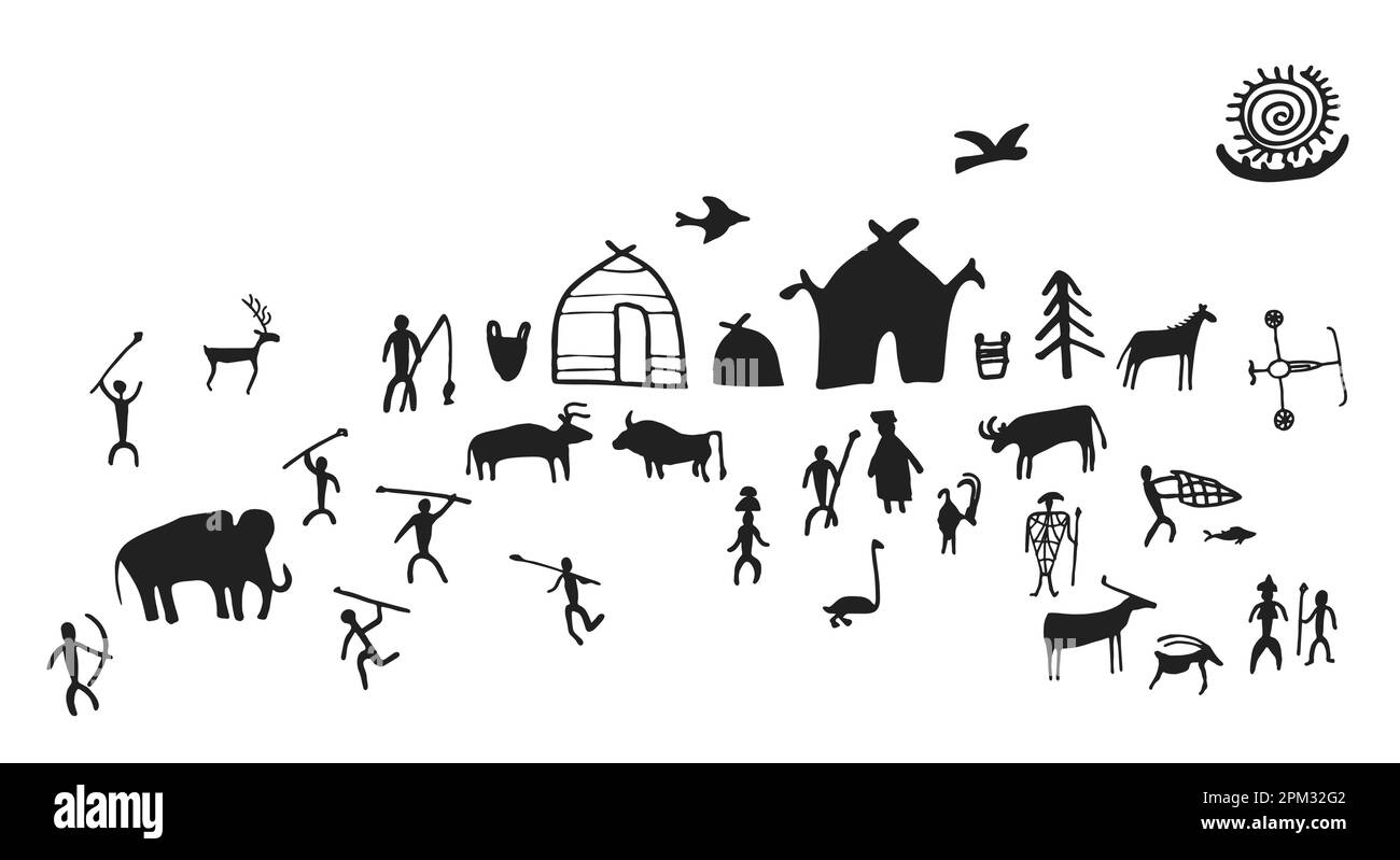 Cave painting prehistoric rock art hand drawn sketch style vector ...