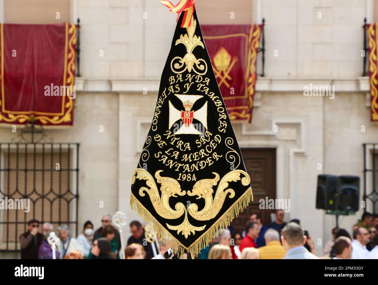 Processional church banner of a trumpets and drums band carried during ...