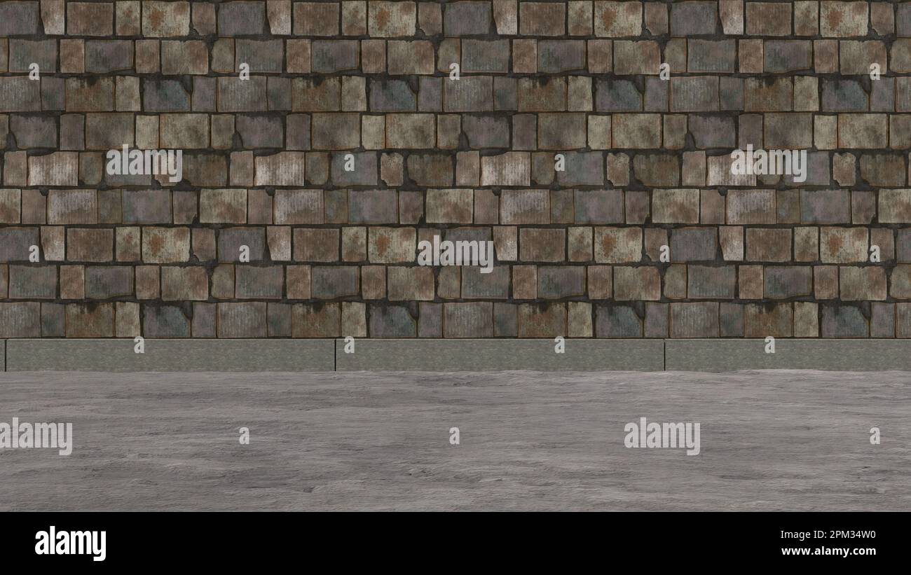 outdoor uneven brick wall overlapping concrete ground space abstract ...