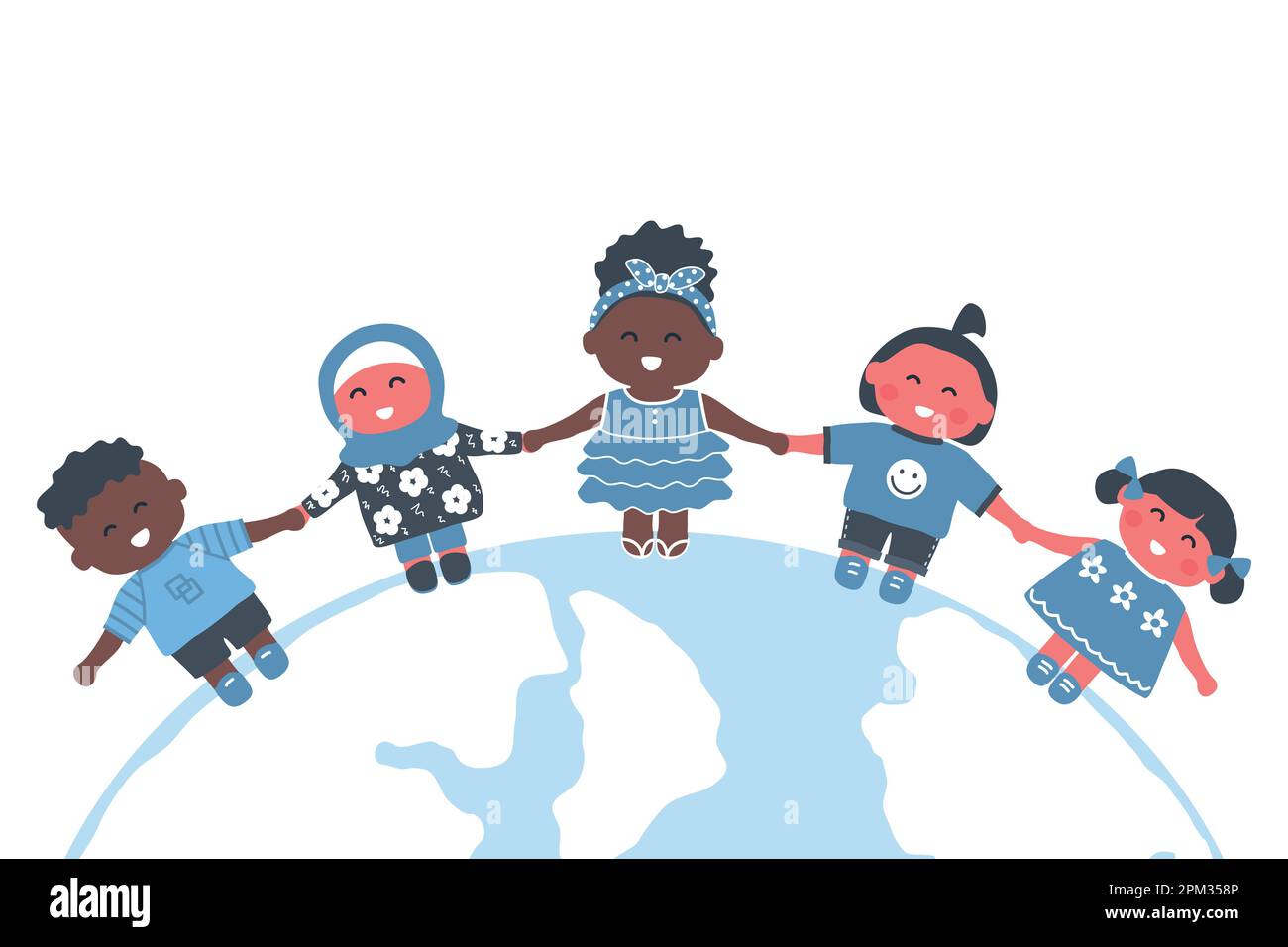 Kids stand on the globe. Multicultural group of children holding hands ...