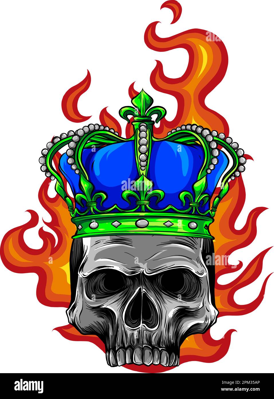 king skull with flames vector illustration design on white background ...