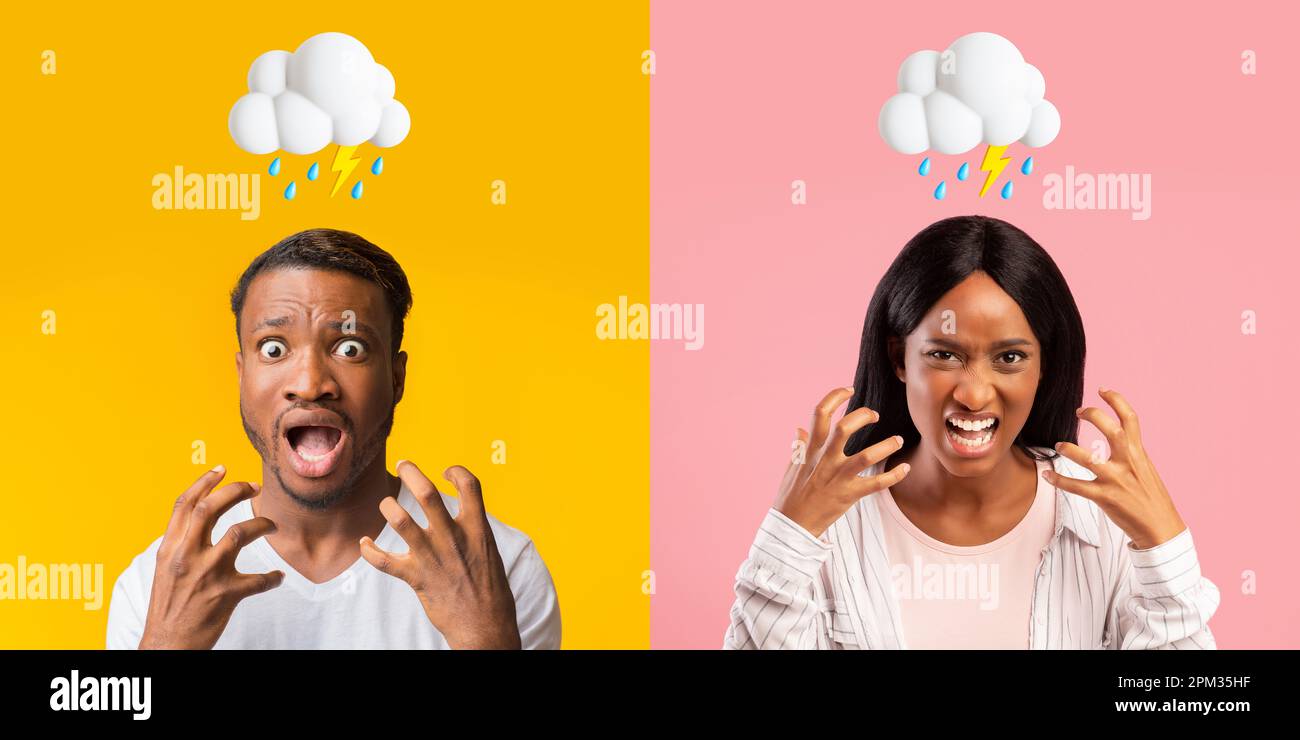 Angry shocked excited unhappy adult black man and female with lightning ...