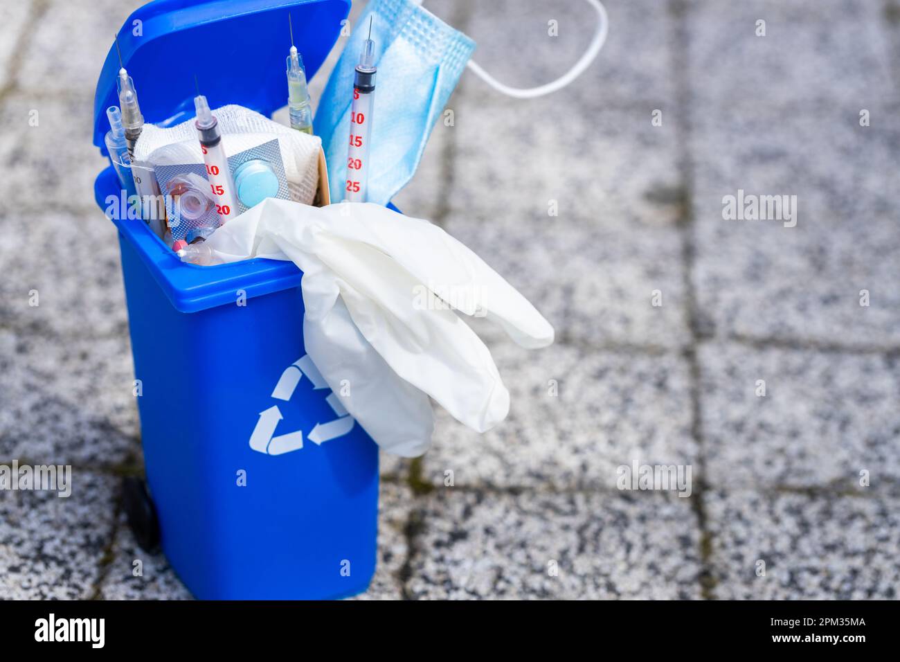 Medical waste concept, Open garbage full of pills, syringes, bandages ...