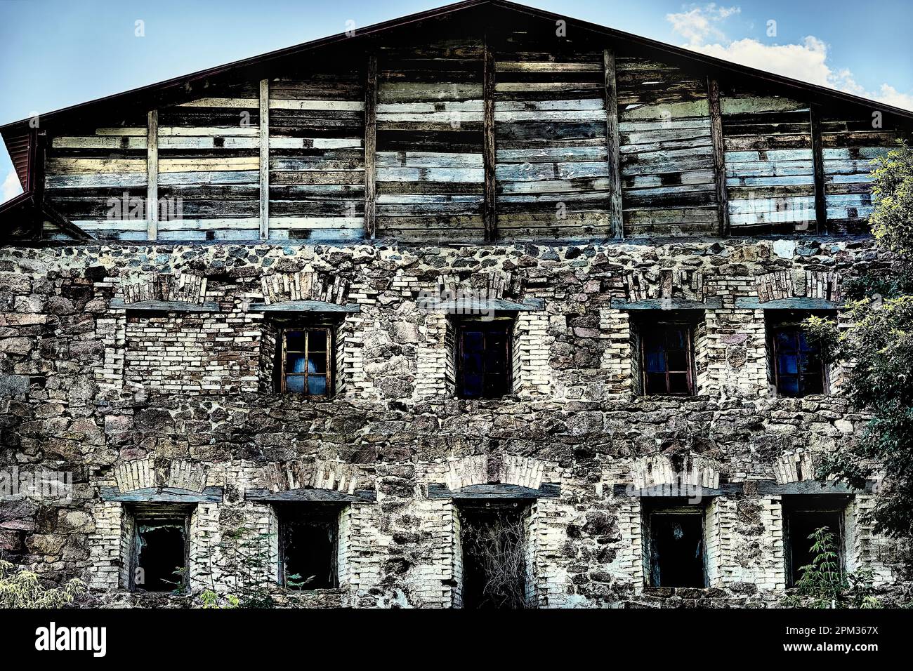 Old gloomy dark mystical brick fortress building, haunted house with ...