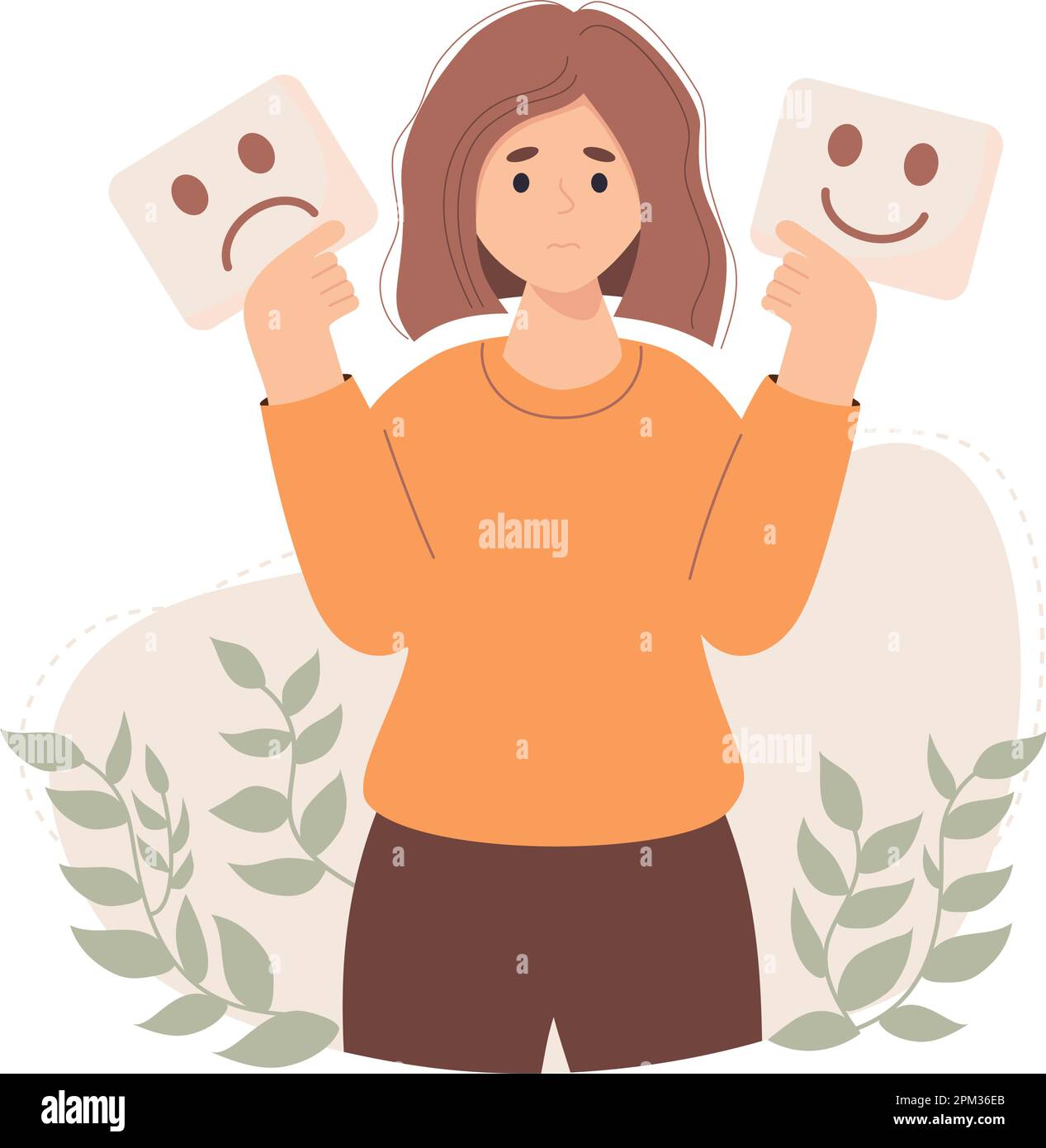 Covering emotions, searching identity. Cute woman trying on masks with ...