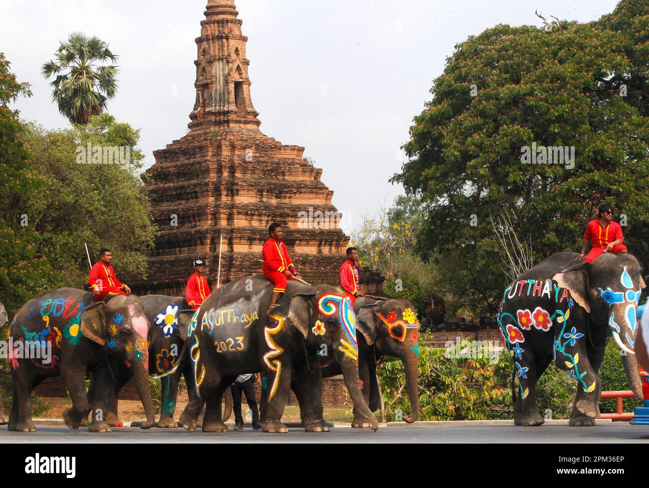 Ayutthaya, Thailand. 11th Apr, 2023. Thai mahouts ride on painted elephants in celebration of ...