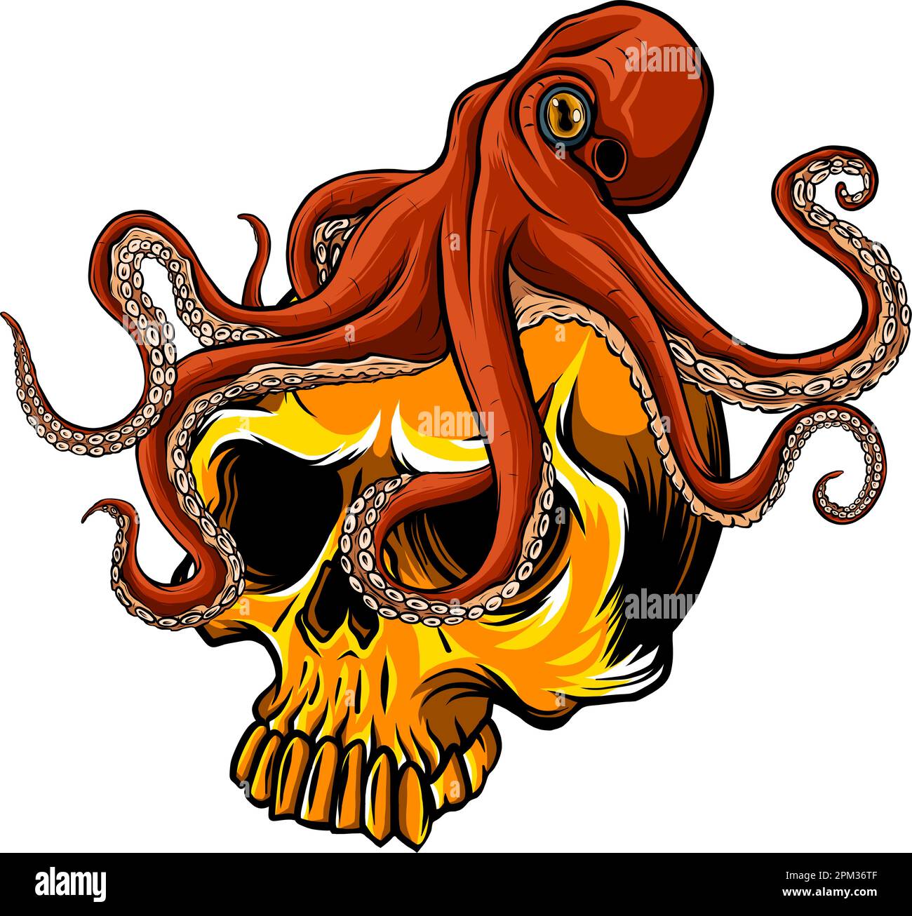 octopus on human skull vector illustration on white background Stock ...