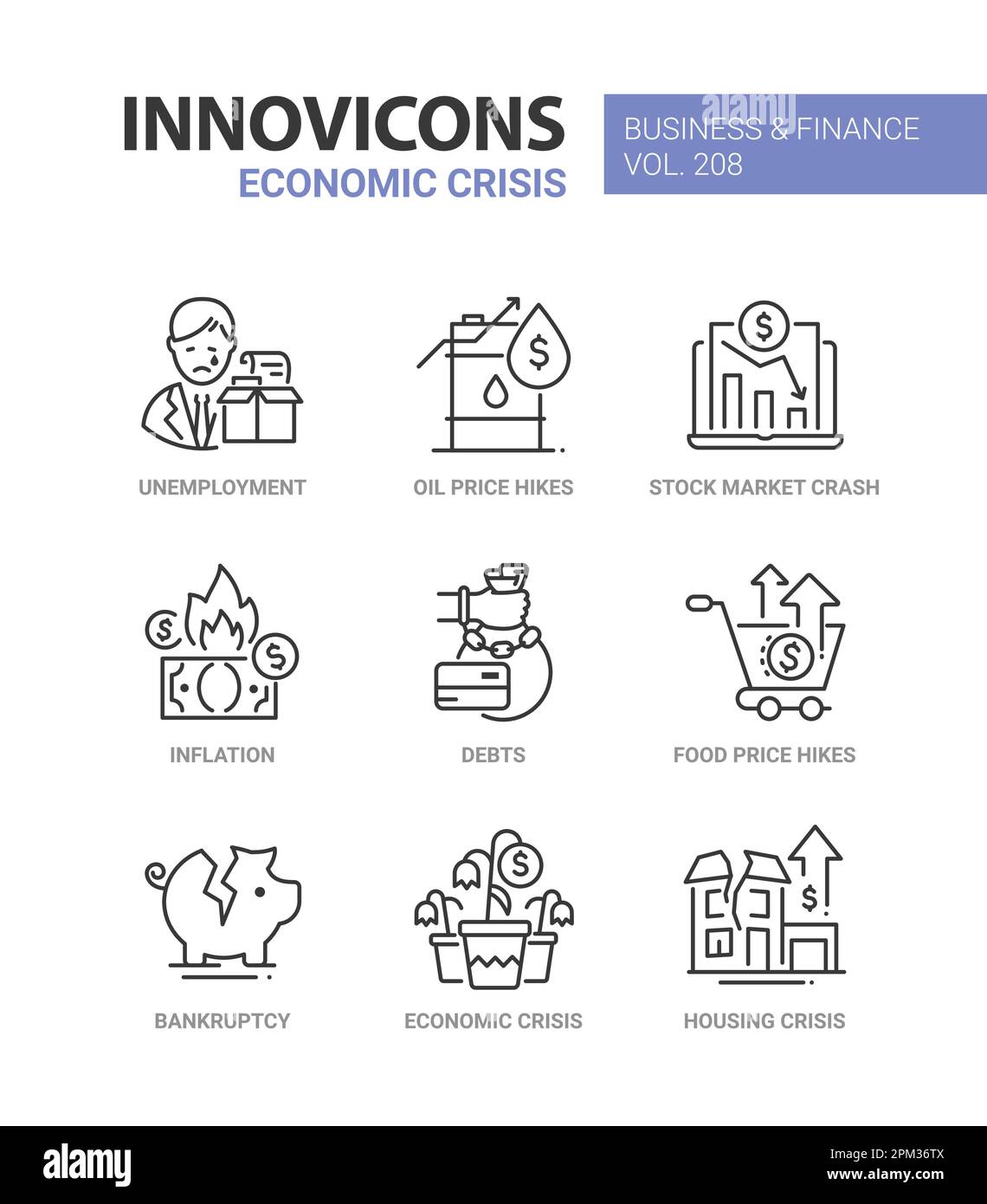 Economic crisis and market crash - line design style icons set Stock ...