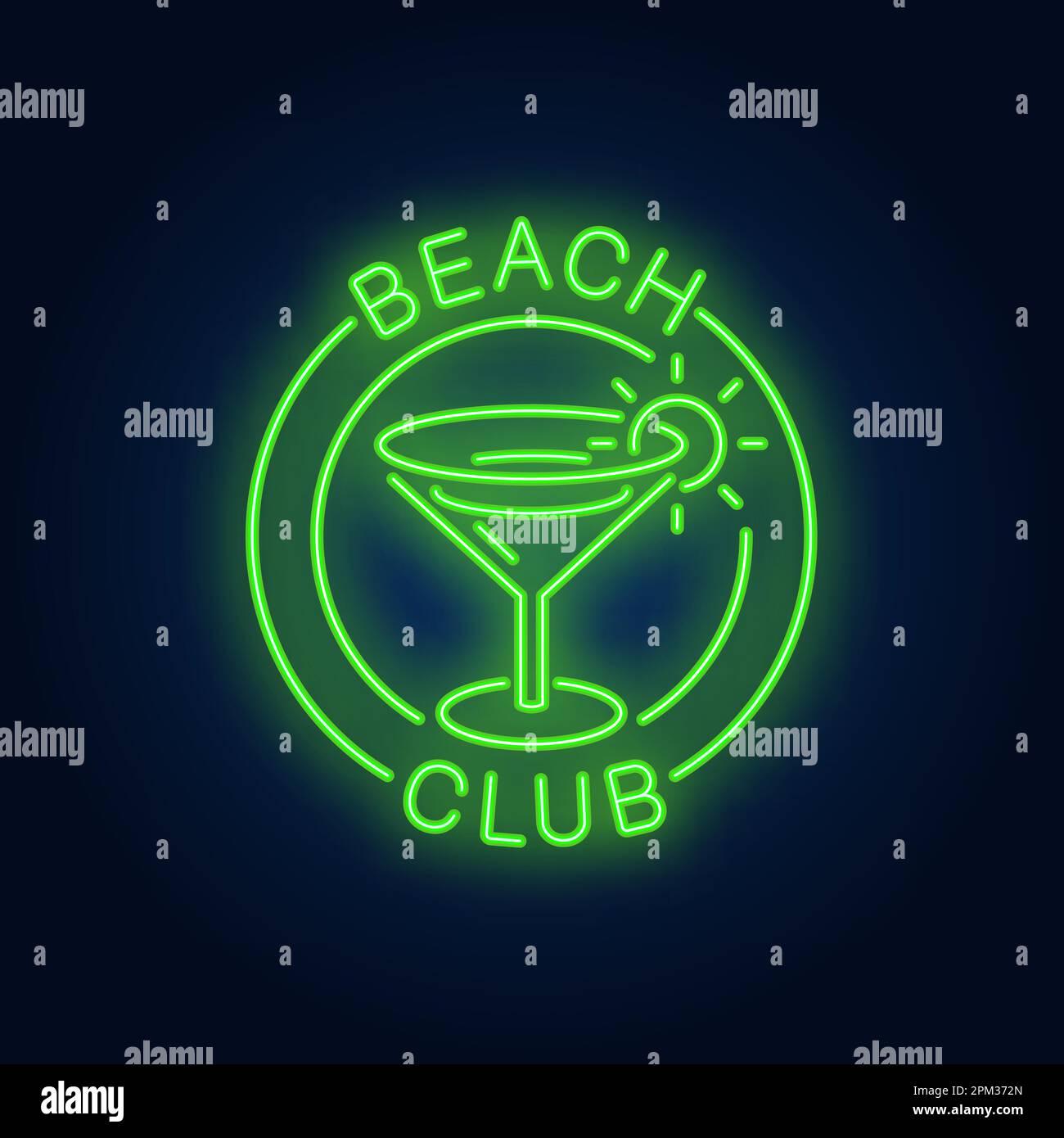 Beach club lettering and cocktail. Neon sign on black background Stock ...